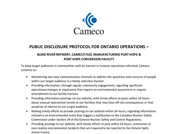 Public Disclosure Protocol - Ontario Operations | Cameco Fuel Services