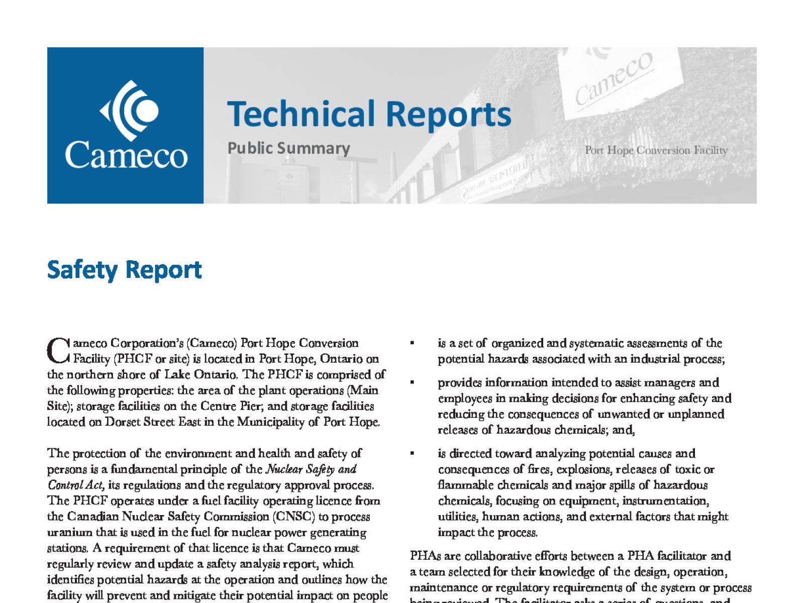 PHCF Relicensing - Public Summary - Safety Technical Report | Cameco ...